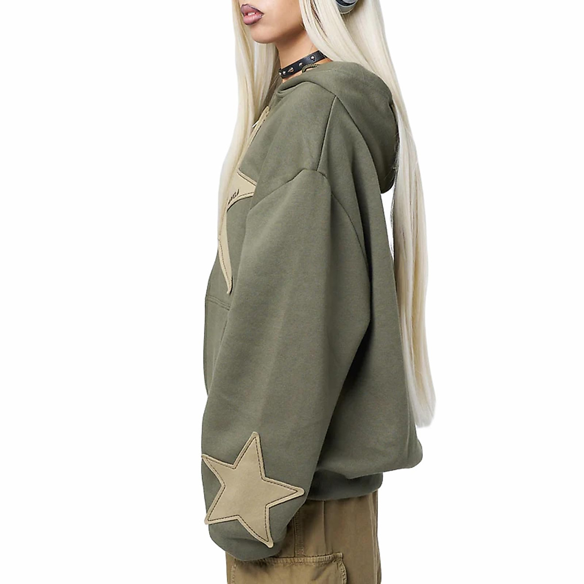 Tsultryofs Women Y2k Zip Up Hoodie Vintage Star Graphic Long Sleeve Hooded Sweatshirt E Girls Harajuku Aesthetic Jackets (Grey Green,XL)