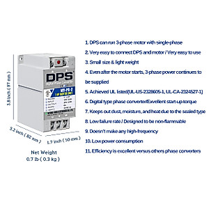 DPS 2HP My-PS-2 Used for 1HP(0.75kW) 3A Motor, Single to 3 Phase Converter, 1 DPS Must Be Used for 1 Motor Only, Input/Output 200-240V, UL Listed