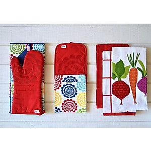 T-fal Textiles Highly Absorbent 100% Cotton Double Sided Printed Dish Cloths, 12" x 12", Set of 2, Medallion Red/Multi