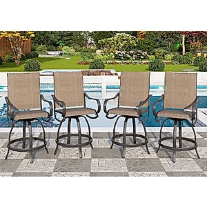 PHI VILLA Outdoor Swivel Bar Stools Set of 4,Patio Bar Chairs with Quick-Drying Fabric,Outdoor Stools with Metal Frame Durable and Sturdy, Waterproof, Rustproof,High Patio Chairs for Garden, Yard