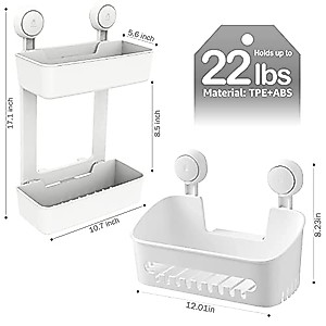 LEVERLOC Shower Caddy Suction Cup Shower Caddy Double Layer Suction Cup One Second Installation NO-Drilling Removable Powerful Suction Shower Caddy Caddy Suction Cup Waterproof Organizer - White