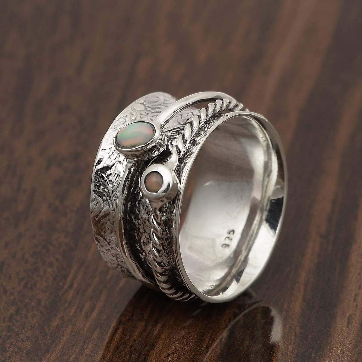 Spinner Ring !! 925 Sterling Silver Opal Gemstone Meditation Ring, Anxiety Ring, Fidget Ring, Anti Stress Ring, Worry Band (9.5)
