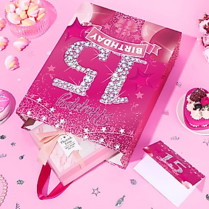 15th Birthday Gift Bag for 15 Year Old Teen Girls Sweet 15 Gift Bag with Card and Tissue Paper Pink 15th Birthday Wrapping Paper Bag 15th Birthday Decorations for Girls 15 Years Old Girl Gift Ideas