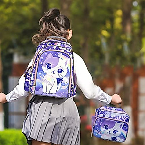 Girls Backpack 16 Inch Cute Cat Backpack for Girls Elementary Kindergarten Kids Backpacks for Girls Kawaii Light Purple Backpack Large Capacity with Lots of Pockets