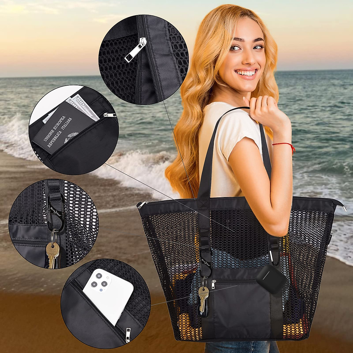 Tainehs Mesh Beach Tote Large Zipper Bag Shopping bags Grocery bag 2023 Upgrade for Women with Multiple Pockets for Family Shopping Travel Swimming Waterproof Pool Bag Black