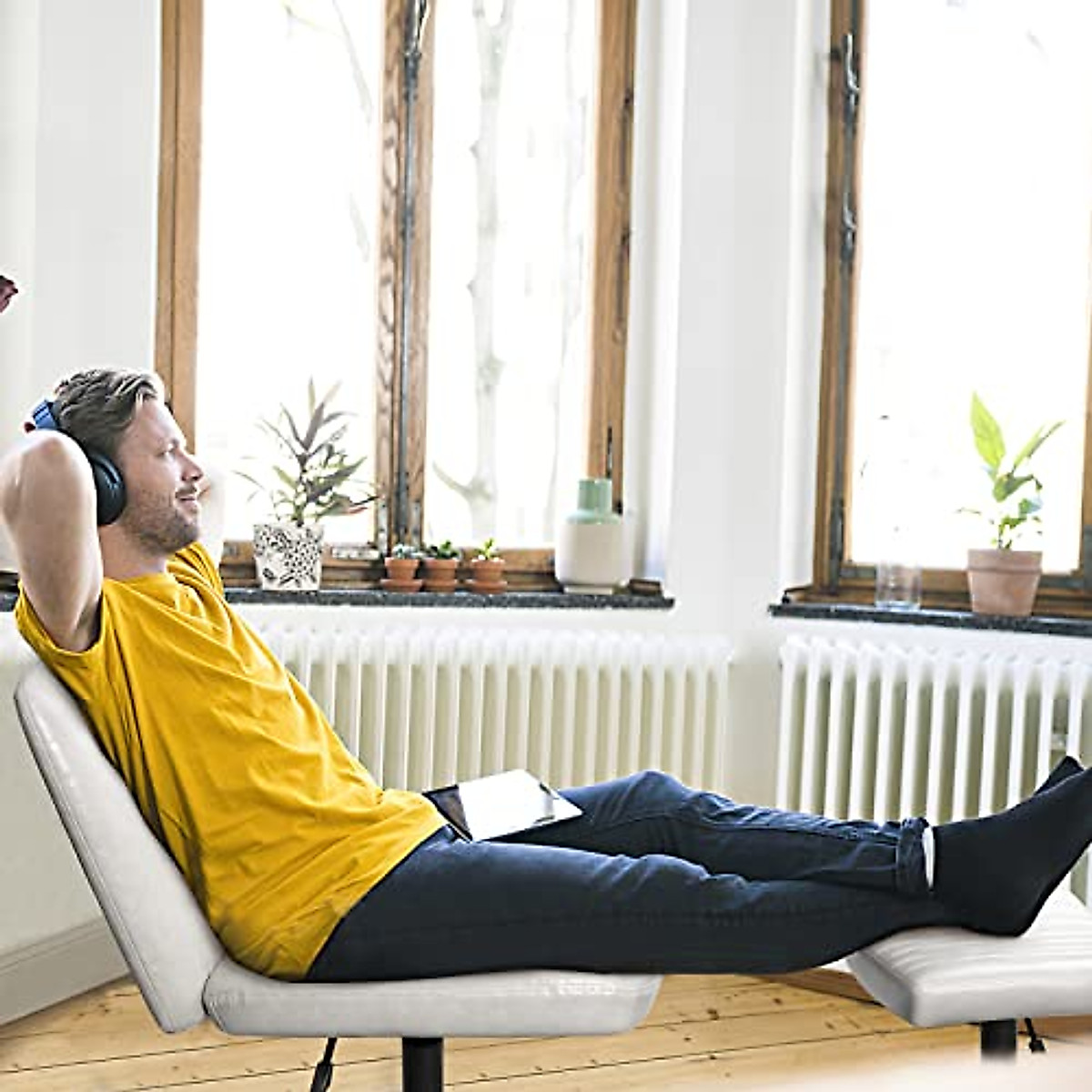 PUKAMI Armless Desk Chair No Wheels with Ottoman&Lumbar Support,PU Leather Padded Modern Swivel Home Office Chair,Height Adjustable Wide Seat Cross Legged Computer Task Chair for Living Room(White)