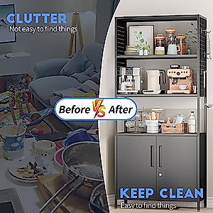 Yizosh 5-Tier Bookshelf, Tall Bookcase with Doors, Industrial Display Standing Shelf Units with Lock & Pegboard, Metal Storage Shelves for Living Room, Bedroom, Home Office (Black)