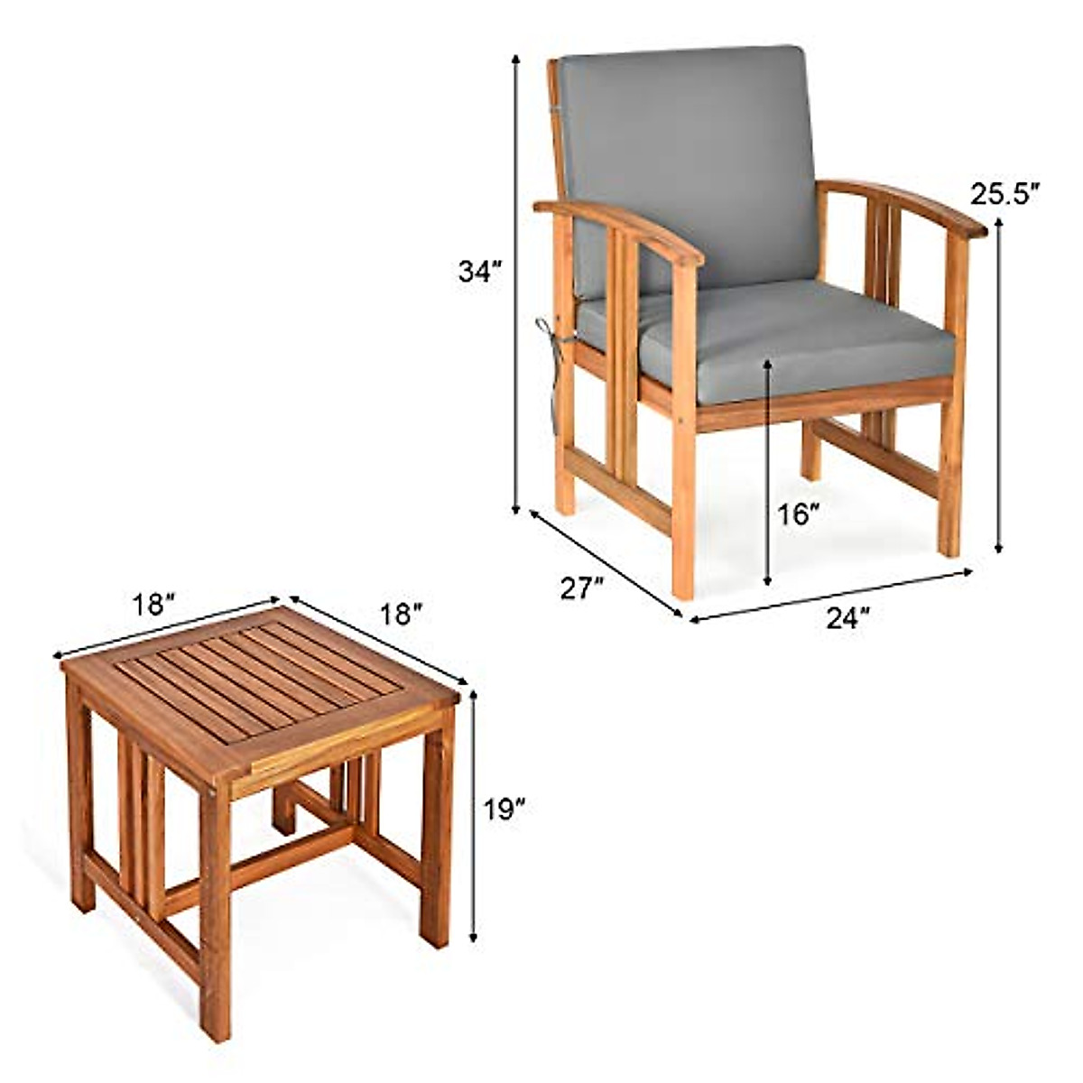 Tangkula 3 Pieces Patio Furniture Set, Includes Set of 2 Outdoor Acacia Wood Cushioned Chairs and Coffee Table, for Garden, Backyard, Poolside, Bistro and Deck, Patio Conversation Chat Set (Gray)