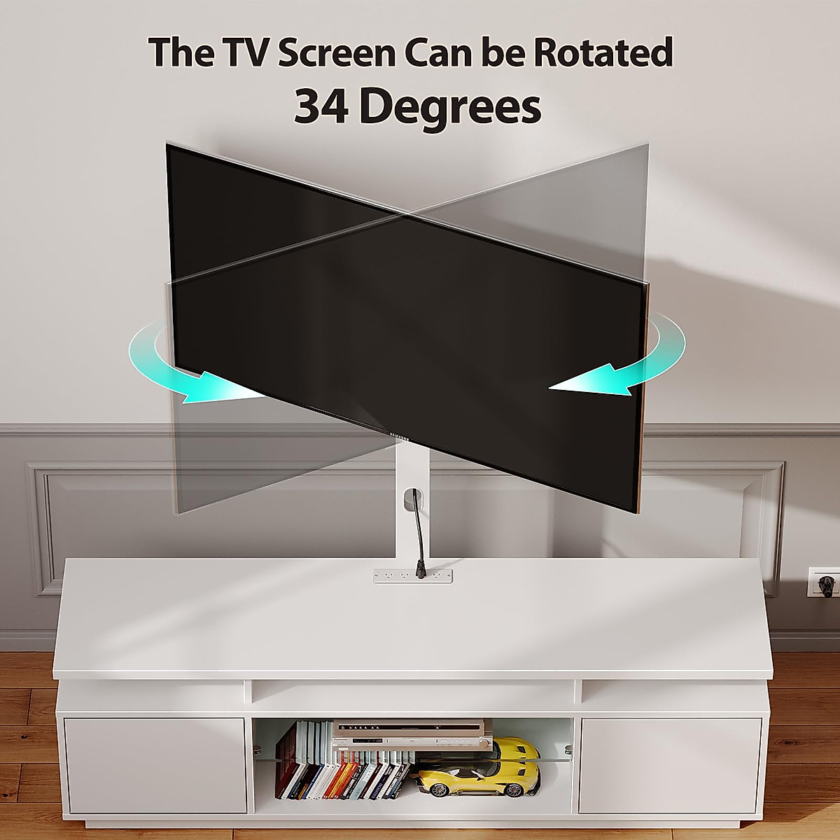 Rolanstar TV Stand with Mount and Power Outlet 51.2", Swivel TV Stand Mount for 32/45/55/60/65/70 inch TVs, Height Adjustable Modern Entertainment Center with Storage & LED Lights, TV Table White