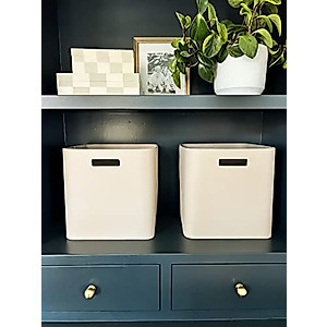 Chloe and Cotton Vegan Leather Storage Bin | Living Room Storage Container | Sturdy Basket with Handles | Decorative Bin for Shelves, Bookcases & Cubbies | Beige