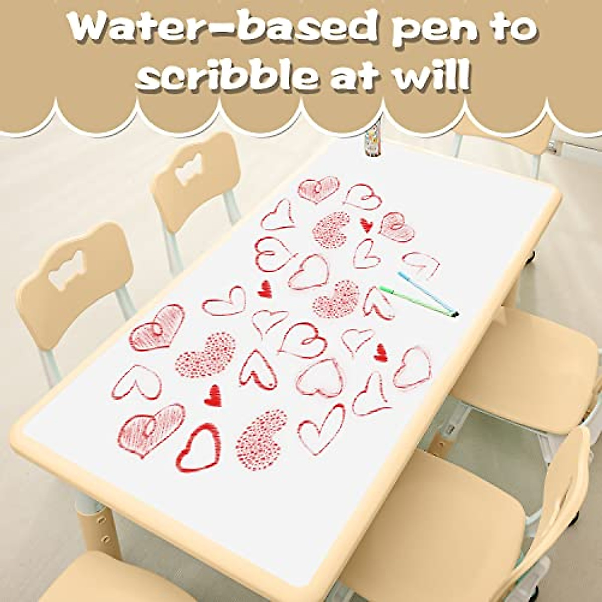 monleelnom Children's Table and Chair Set Suitable for Boys and Girls Age 2-12 Height Adjustable Table top Can be Painted with 6 Seats Suitable for Family Learning Daily use (Wood Color)