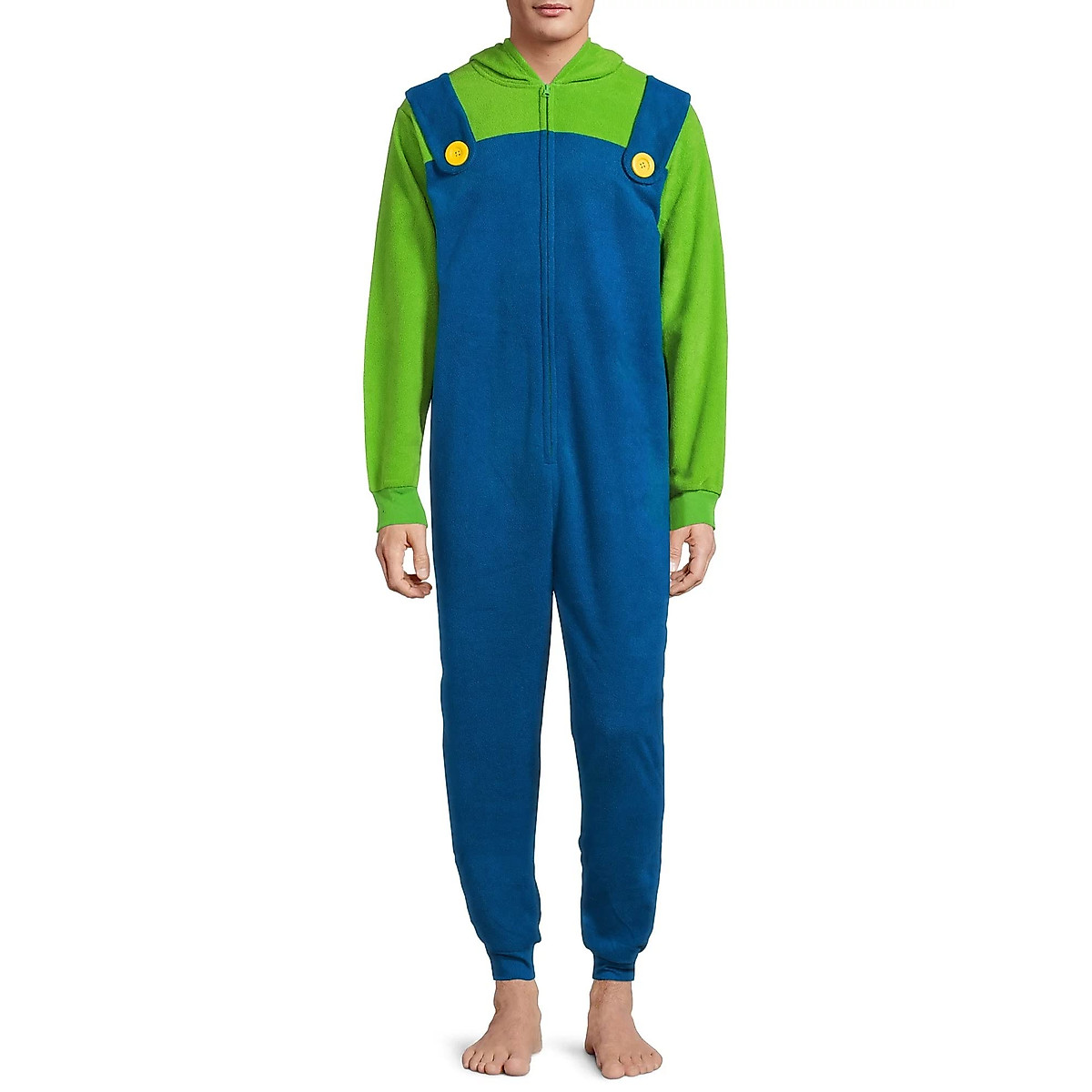 Nintendo Super Mario Luigi PJ Union Suit Costume Pajamas for Men with Faux Moustache, Large Blue