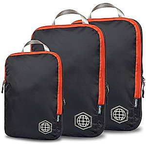 Compression Packing Cubes for Travel - Luggage and Backpack Organizer Packaging Cubes for Clothes (Grey and Orange, 3 Piece Set)