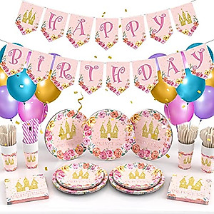 Princess Party Decorations, 145 PCS Princess Birthday Decorations, Princess Birthday Party Supplies Includes Princess Banner Paper Plates and Napkins Cups Balloons