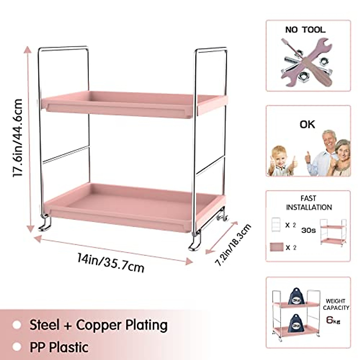 JANUS LiANG 2-Tier Bathroom Countertop Organizer Makeup Organizer Perfume Cosmetic Holder Standing Counter Shelf for Vanity, Bathroom, Bedroom (Pink & Silver)