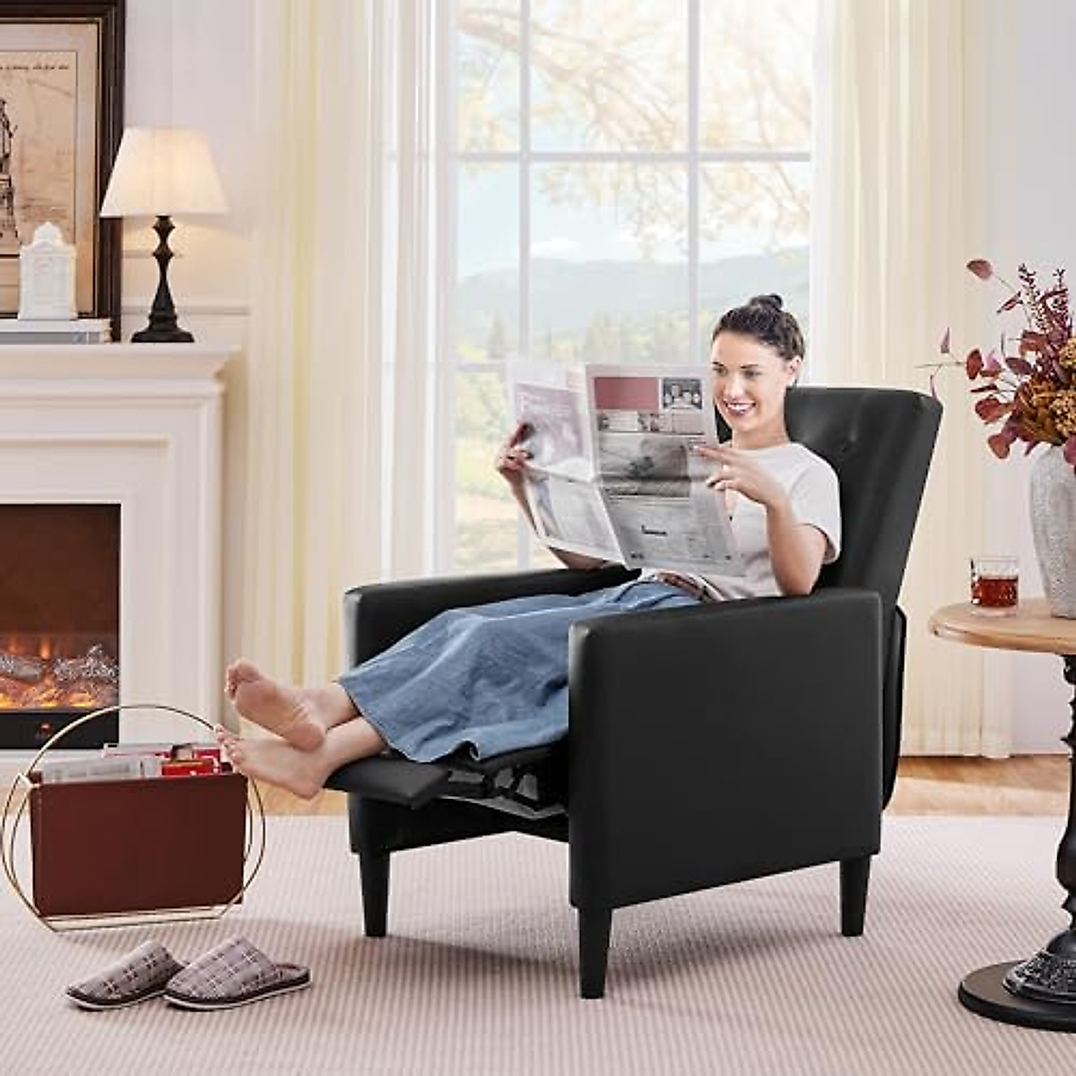 Yaheetech Faux Leather Recliner Sofa Mid-Century Modern Single Reclining Chair Adjustable Back & Footrest Tufted Upholstered Sofa with Pocket Spring Living Room Bedroom Home Theater Black
