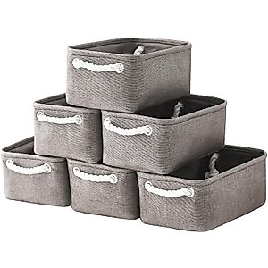 TheWarmHome Foldable Small Storage Baskets with Strong Cotton Rope Handles [6-Pack] Gray Collapsible Storage Bins Set Works Room Storage, Nursery Baskets