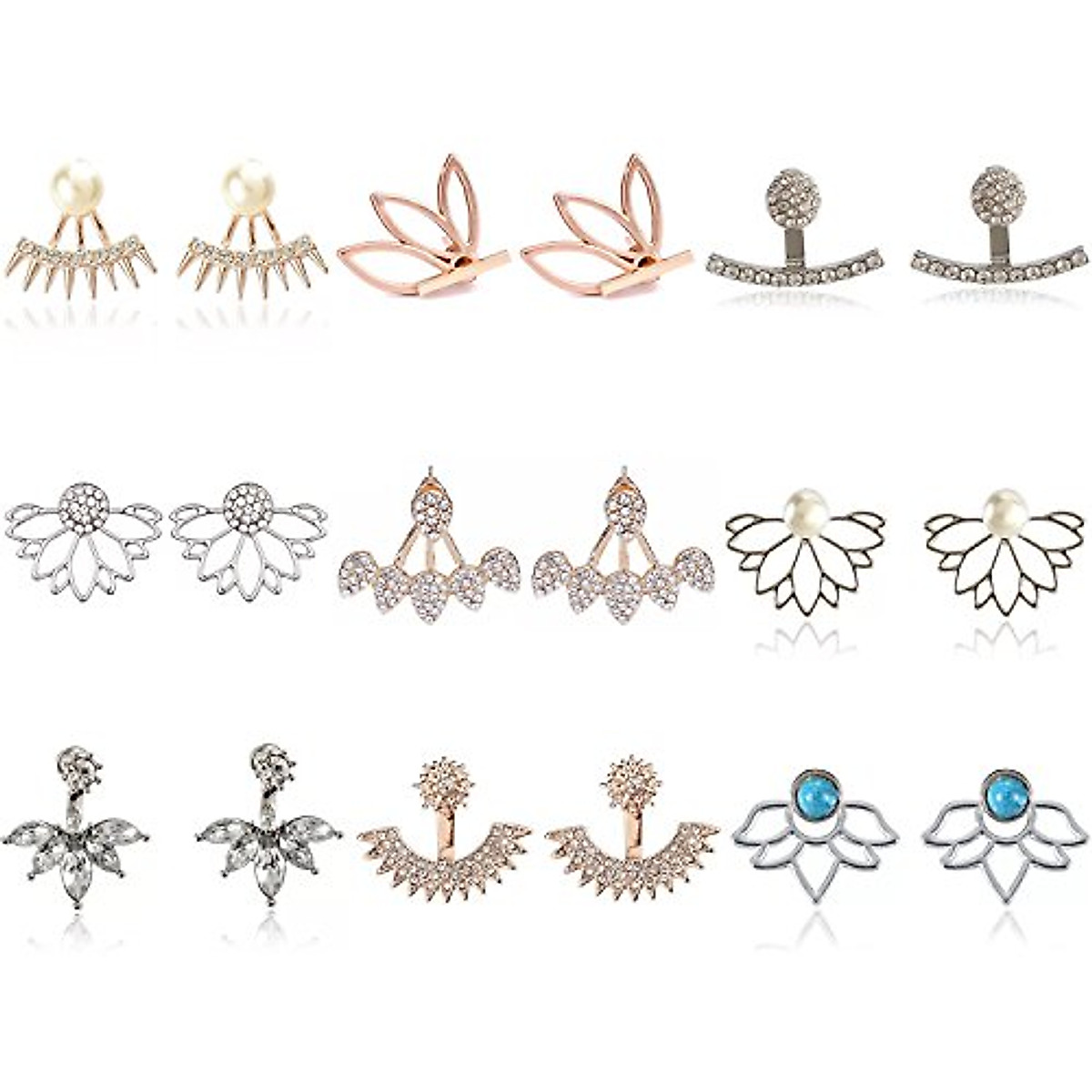9 Pairs Rose Gold Silver Hollow Lotus Flower Earrings Simple Chic Crystal Pearl Turquoise Stud Earrings Set
