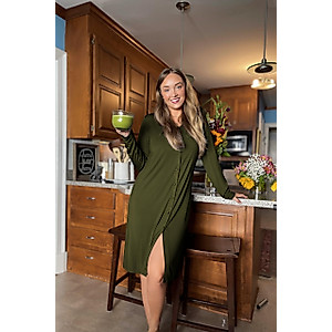 Ekouaer Women's Nightgown V Neck Button Down Sleepwear Long Sleeves Nightshirts Soft Button Sleep Dress Army Green
