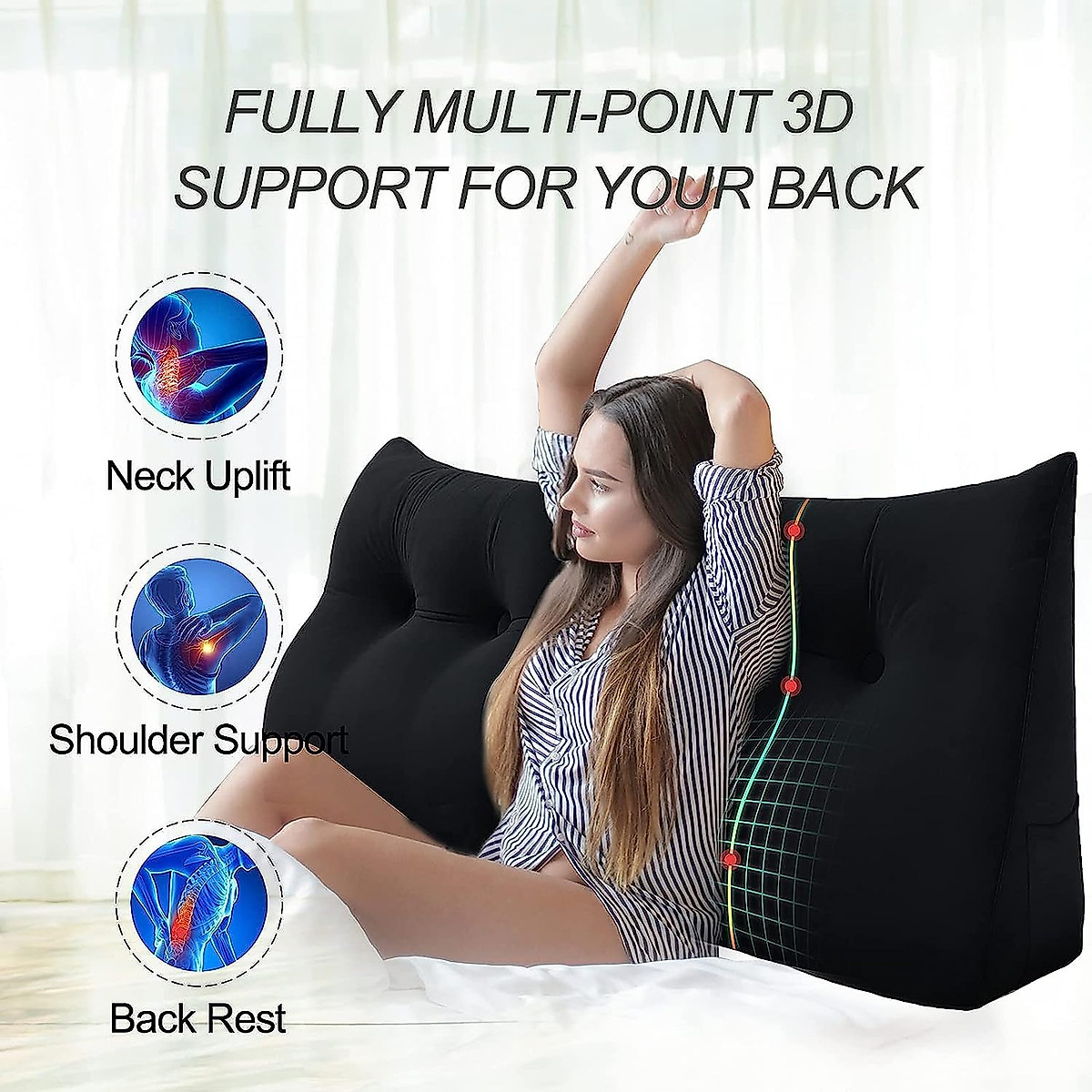 Large Triangular Reading Wedge Pillow, Bed Rest Headboard Cushion Headboard Pillow Bolster Cushion for Twin Full Queen King Daybed Bed Bunk Bed (Color : Black, Size : 31.5inch/80cm)