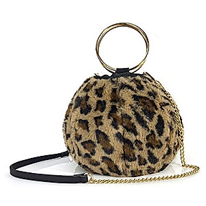 Fur Round Top Handle Bag Women Purse Ring Handle Clutch Chain Shoulder Handbag (Leopard Print)