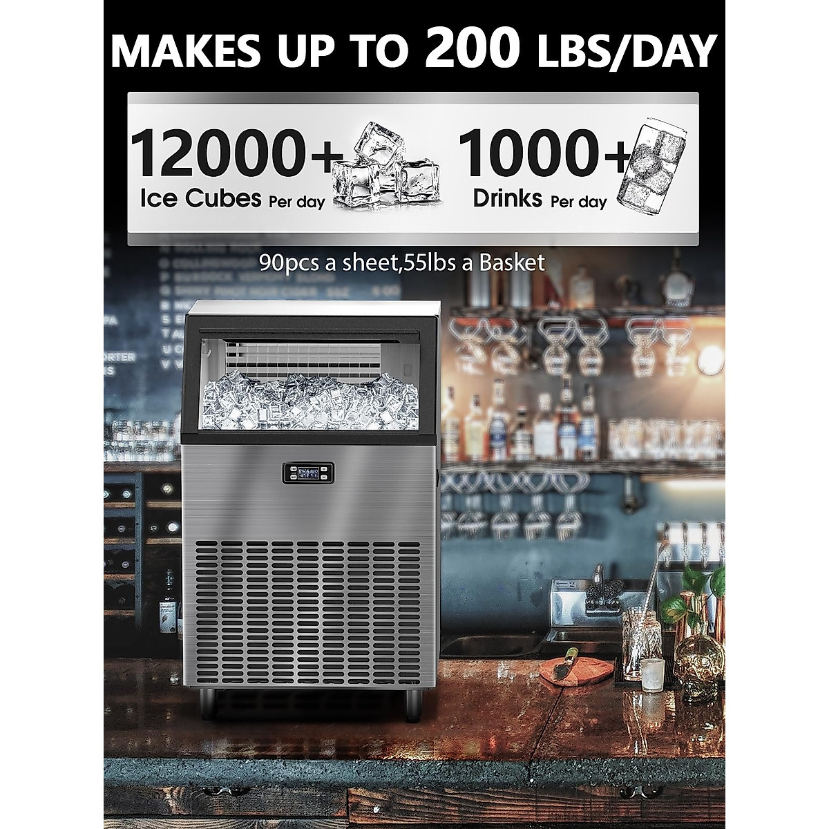 Joy Pebble Ice Maker Commercial, 200lbs/24H/8,800pcs, 90 Cubes/Cycle, Ice Size Control,24H Timer,Freestanding Ice Maker Machine Under Counter for Restaurant, Bar, Office, Home Partie