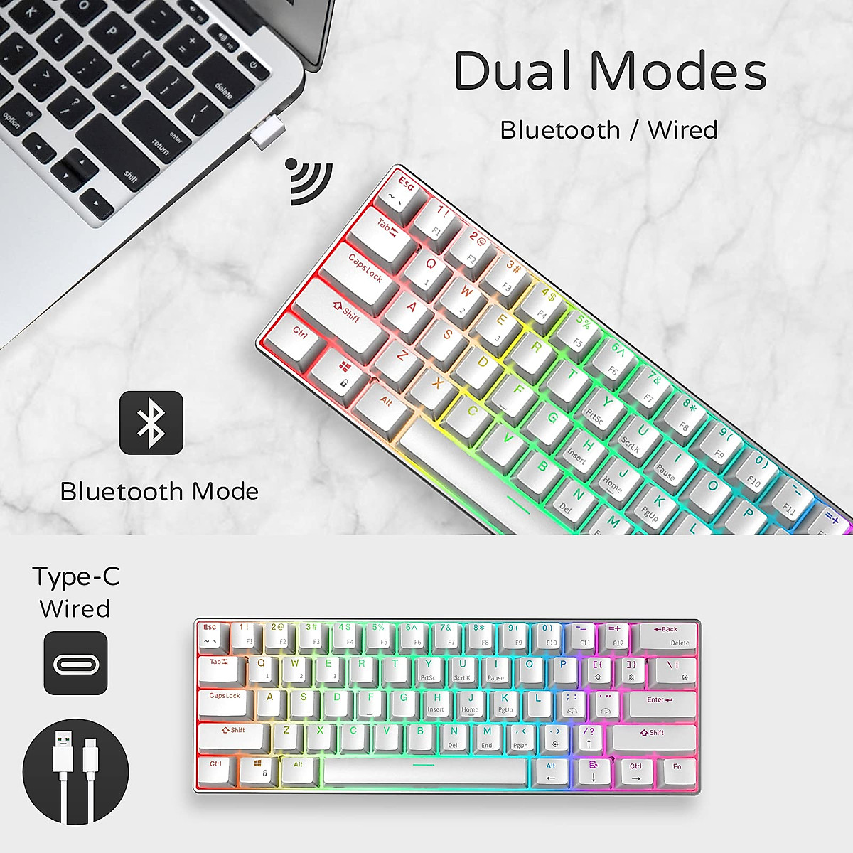 RK ROYAL KLUDGE 60% Mechanical Keyboard RK61 Pro, Wireless Gaming Keyboard Aluminum Frame, BT/Wired RGB Keyboard Bluetooth, PBT 61 Keys Mechanical Keyboard Hot Swappable, Brown Switch, White
