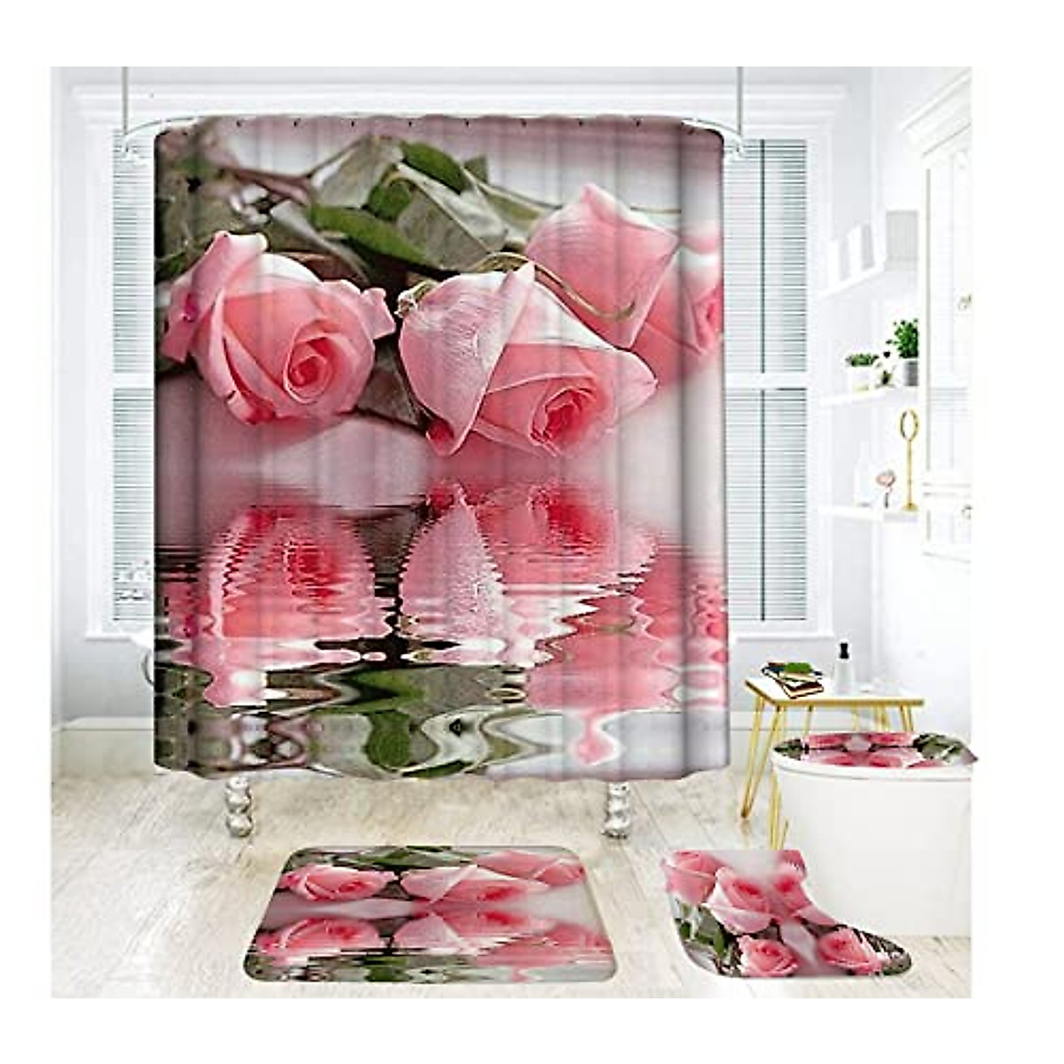 Mightree Bathroom Shower Curtains 5 pcs Sets, Waterproof Fabric Bathroom Curtain with 12 Hooks, Toilet Lid Cover and Bath Mat, Non-Slip Rug Foot mat, Beach Towel, Pink Rose, Large