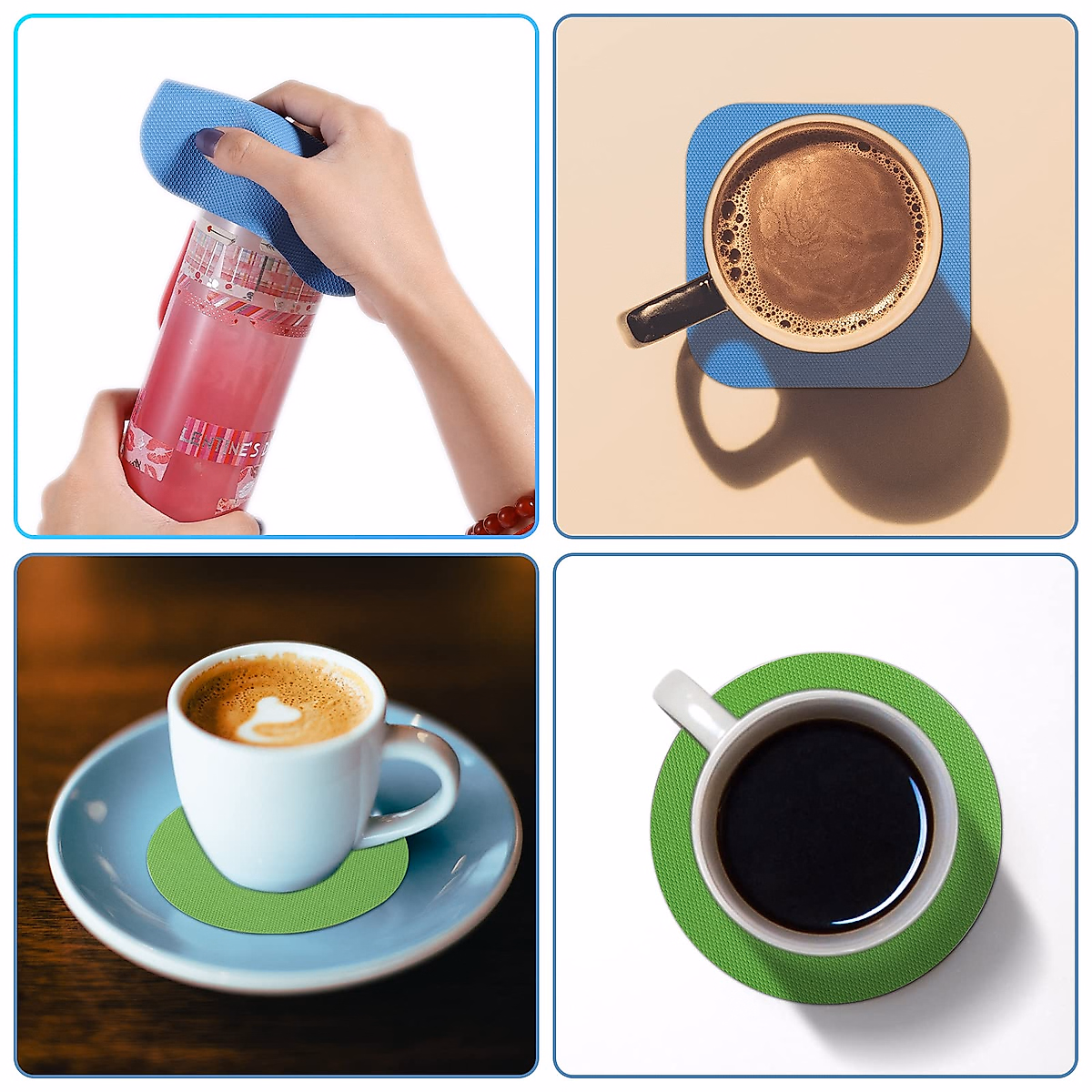 Rubber Jar Opener Gripper Pads, 4pcs Bottle Opening Pad Multi-Function Anti Skid Jar Opener, Jar Lid Remover Kitchen Silicone Coasters Heat Insulation Pad for Seniors & Weak Hands (Light Blue, Green)
