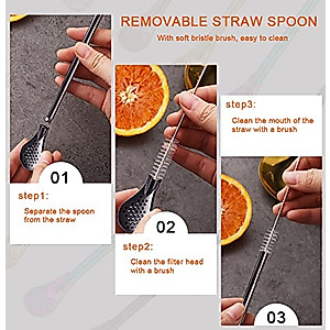 2Pcs Removable Stainless Steel Straw Filter Spoon with 2 Cleaning Brush, Yerba Mate Bombilla Straw, Reusable Metal Straw Spoon Cocktail Stirrer for Drinking Loose Tea, Ice Coffee, Black