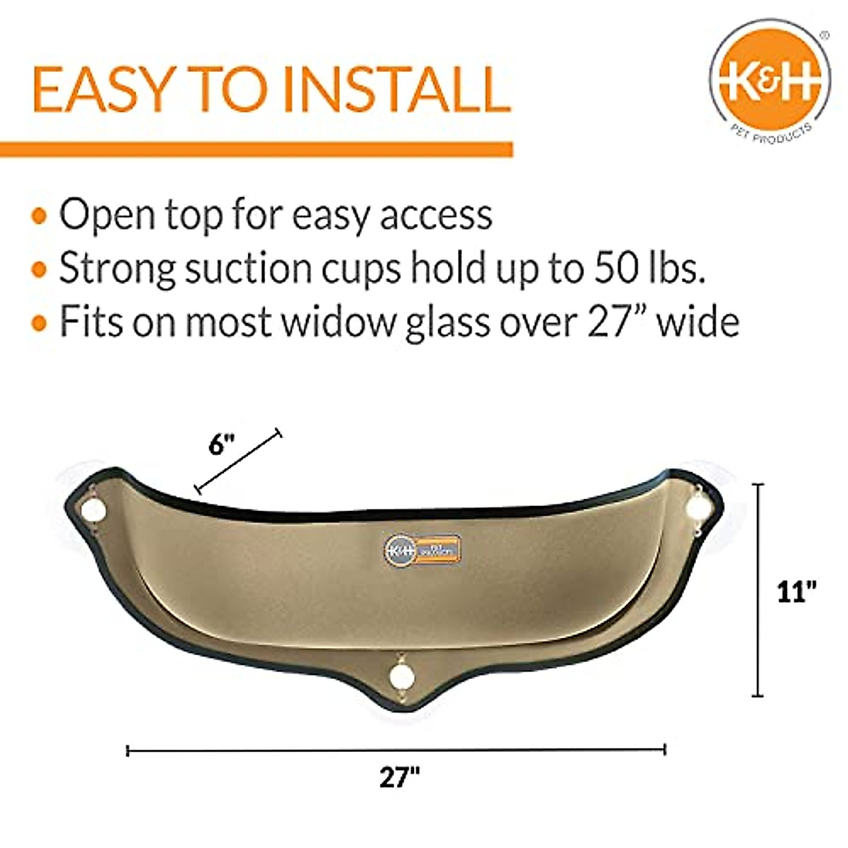 K&H PET PRODUCTS EZ Mount Window Mounted Cat Bed, Cat Window Hammock, Sturdy Cat Window Perch, Cat Window Bed Cat Furniture - Tan Cat Window Bed