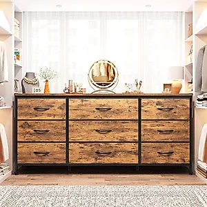EnHomee Dresser TV Stand with 9 Drawers for 60'' TV Stand for Bedroom Long Dresser for Bedroom Wide Dressers & Chests of Drawers, Sturdy Metal Frame & Wood Top, Living Room, Closet, Rustic Brown