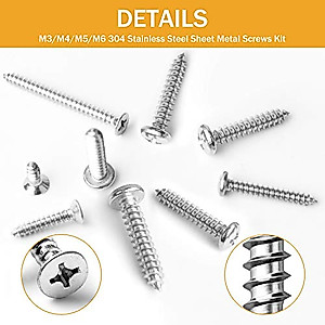 VIGRUE 640PCS M3/M4/M5/M6 Phillips Drive Wood Screw Assortment Kit, 304 Stainless Steel Self Tapping Screws Assortment Set (Round Head and Flat Head)