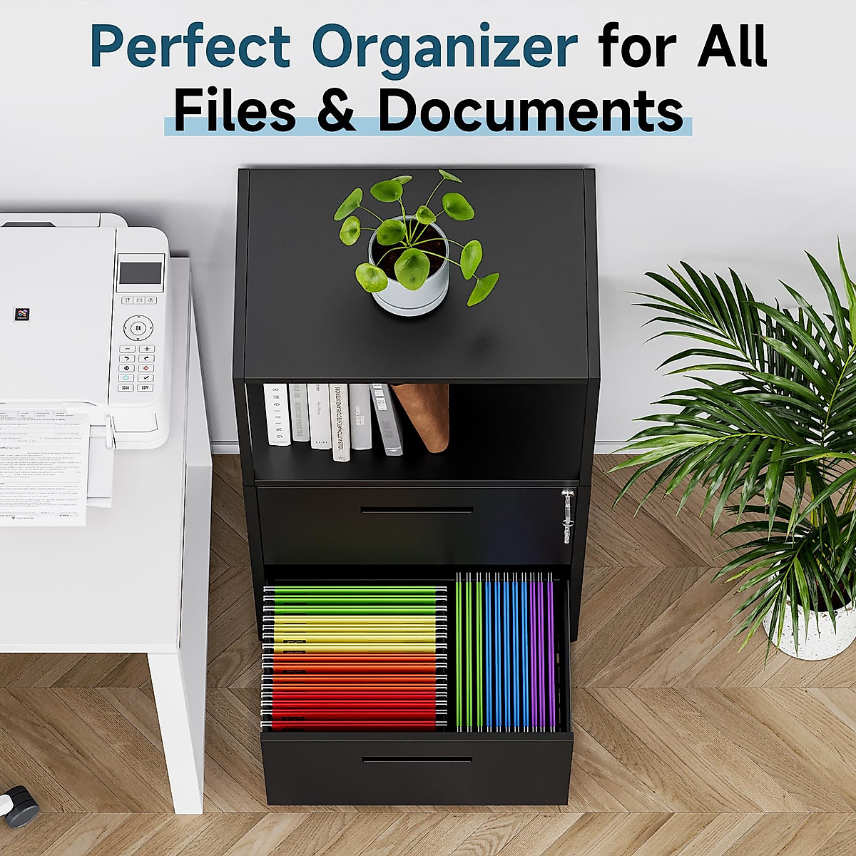 MIIIKO Office File Cabinet with 2 Drawers and Shelf, Metal Vertical Filing Cabinet with Lock, Lateral Two Drawers for Storage Letter/Legal Size File Folders, Top Shelf for Printer Stand