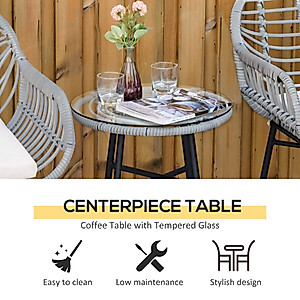 Outsunny 3 Piece Patio Set, Outdoor Bistro Furniture, PE Rattan Wicker Table and Chairs, Cushioned, Hand Woven, Modern Look with Tempered Glass for Garden, Porch, Pool, Backyard, Cream White