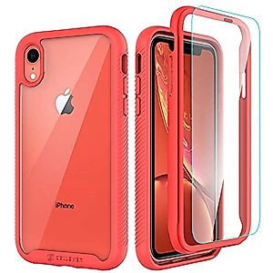 CellEver Clear Full Body Case for iPhone XR, Heavy Duty Protection with Anti-Slip TPU Bumper and [2 Tempered 9H Glass Screen Protectors] Shockproof Transparent Phone Cover 6.1 Inch (Coral)