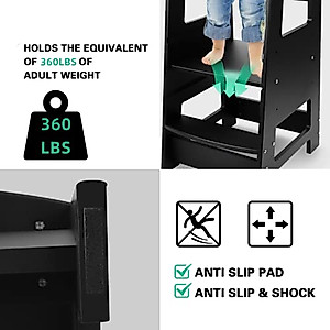 ECOMEX Standing Tower for Toddlers, Toddler Stool for Kitchen Counter Kids Kitchen Step Stool with Safety Rail Toddler Standing Tower with Adjustable Platform for Kitchen Counter, Classic Black