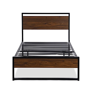 Metal Twin Size Bed Frame with Wood Headboard and Footboard, Platform Bed with Under-bed Storage Space, No Box Spring Needed, Sturdy Non-Slip Without Noise, Steel Slats, Mattress Foundation, Black