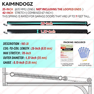 KaiMinDogz Pair of 110lb. Heavy Duty Garage Door Extension Springs Stretch Springs, 25" Long,Double Loop Ends, High Precision Electrophoresis Black Coated, MIN 16,000 Cycles, for 7ft High Garage Doors