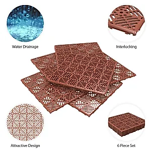 Deck Tiles - 6-Pack Pavers - Polypropylene Interlocking Patio Tiles - Outdoor Flooring for Patio, Porch, Garage, or Pool Deck by Pure Garden (Terracotta)