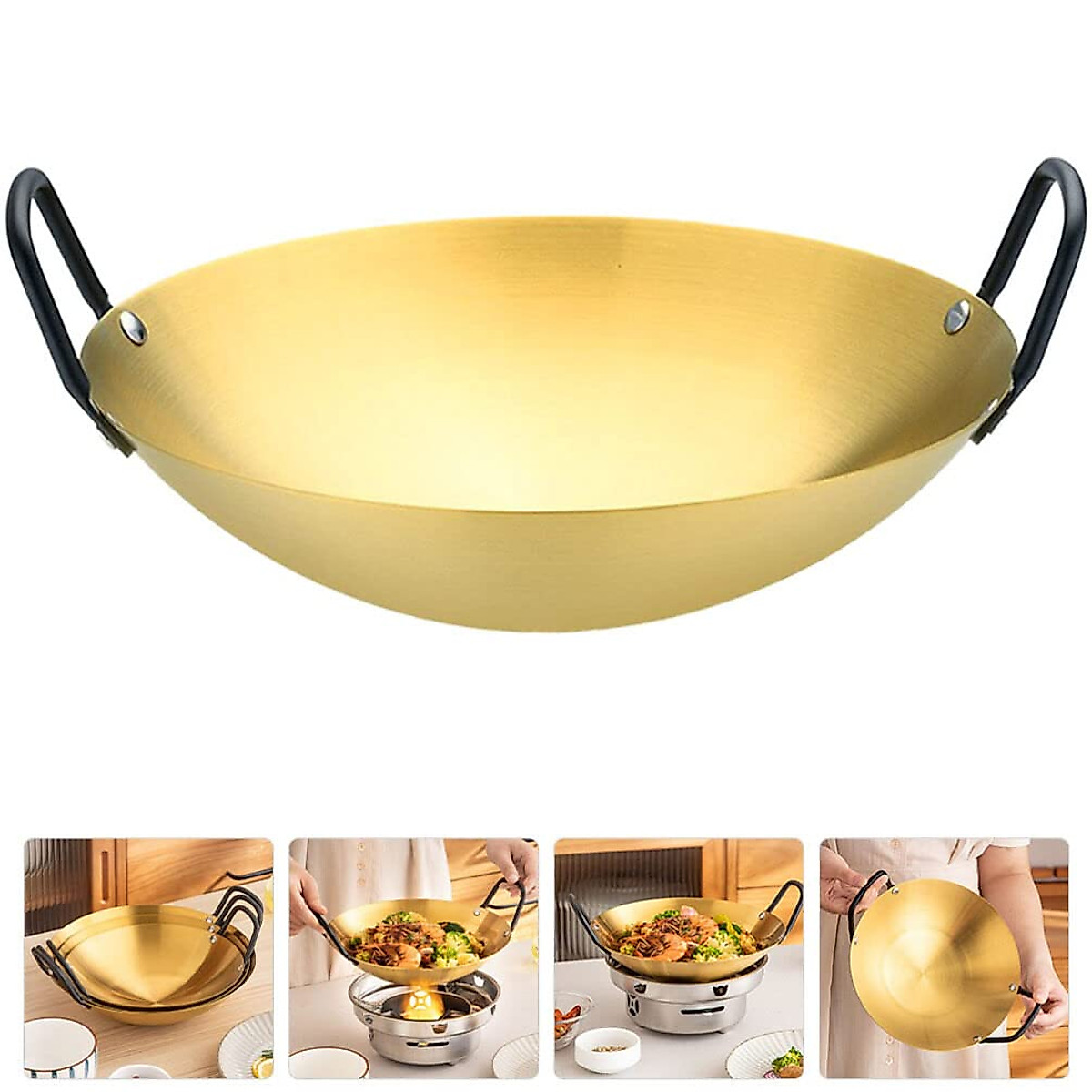 Cabilock Stainless Steel Cookware Stainless Steel Frying Cooking Pot 24cm Metal Stock Pot Stir Fry Pan Stewpot Skillet Round Bottom Wok Pan Binaural Wok for Kitchen Cooking Camping Cooking Set