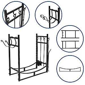 Outvita 30 Inch Firewood Rack with 4 Tools, Heavy Duty Iron Fireplace Wood Log Storage with Removable Kindling Holder for Indoor Outdoor Use Black