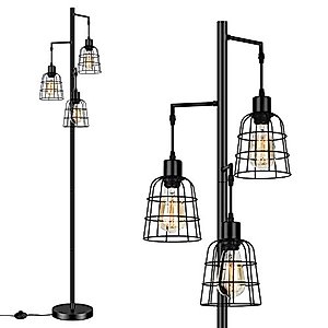 Industrial 3-Light Tree Floor Lamp with Cup-Shaped Cages Farmhouse Rustic Tall Standing Lamp for Living Room Vintage Elegant Black Pole Light with Edison E26 Base Metal Shade for Bedroom Office Hotel