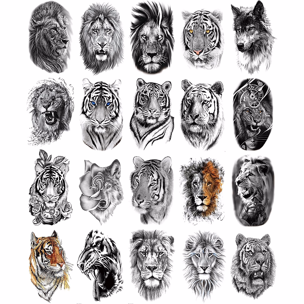 Lion Tiger Wolf Half Arm Sleeve Temporary Tattoo Sticker For Men L8.3"xW5.9"(20Sheets)