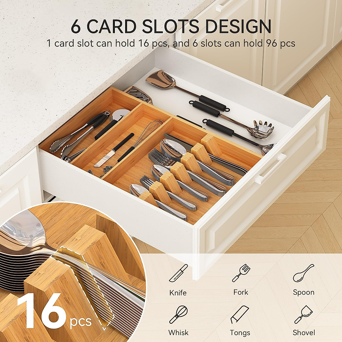 Yofidra Pure Bamboo Silverware Drawer Organizer: 16.5 Inch Large Silverware Utensil Tray Holder, 3-Compartment with 6 Card Slots Kitchen Flatware Organizer for Spoons Forks Knives, 2024 New Upgrade