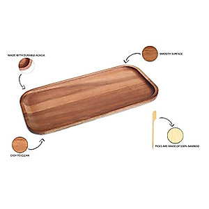 Dstuff Wood Serving Platter Tray Plate, Bathroom Vanity Tray, Wooden Steak Plates, Set of 1 Small Wood Tray + 30 Paddle Picks, Solid Natural Rectangular Acacia Board for Food Party Cheese Appetizer,