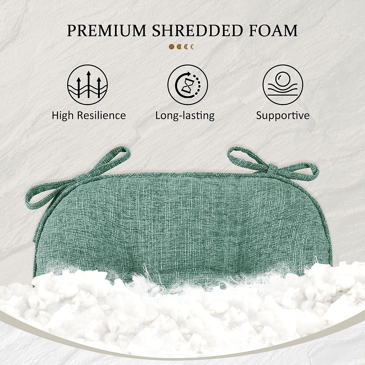 LOVTEX Kitchen Chair Cushions Set of 4, Non-Slip Chair Cushions for Dining Chairs, Shredded Memory Foam Chair Pads with Ties, Tufted Dining Chair Cushions, 15.5" x 15.5", Green