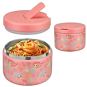 Pawtong 12oz Insulated Vacuum Food Jar with Buckle Lid Wide Mouth Soup Thermo for Hot Food Kids Leakproof Stainless Steel Lunch Container (Pink-Mermaid)