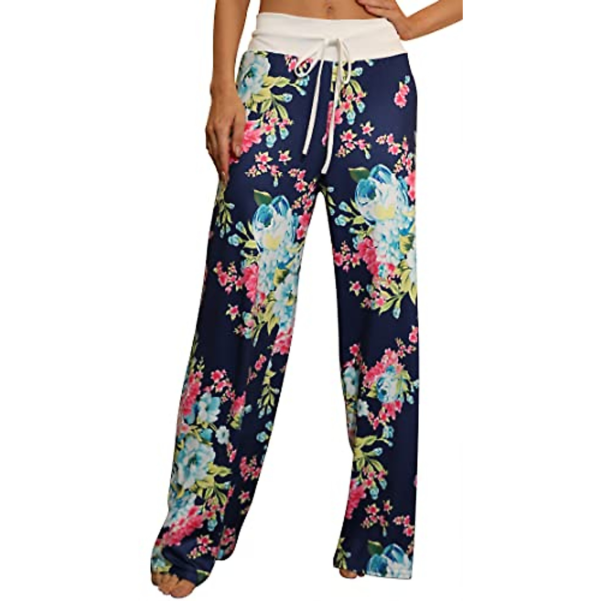 X-Image Women's Floral Printed High Waist Drawstring Wide Leg Palazzo Lounge Pants S-XXL Blue 4, X-Large