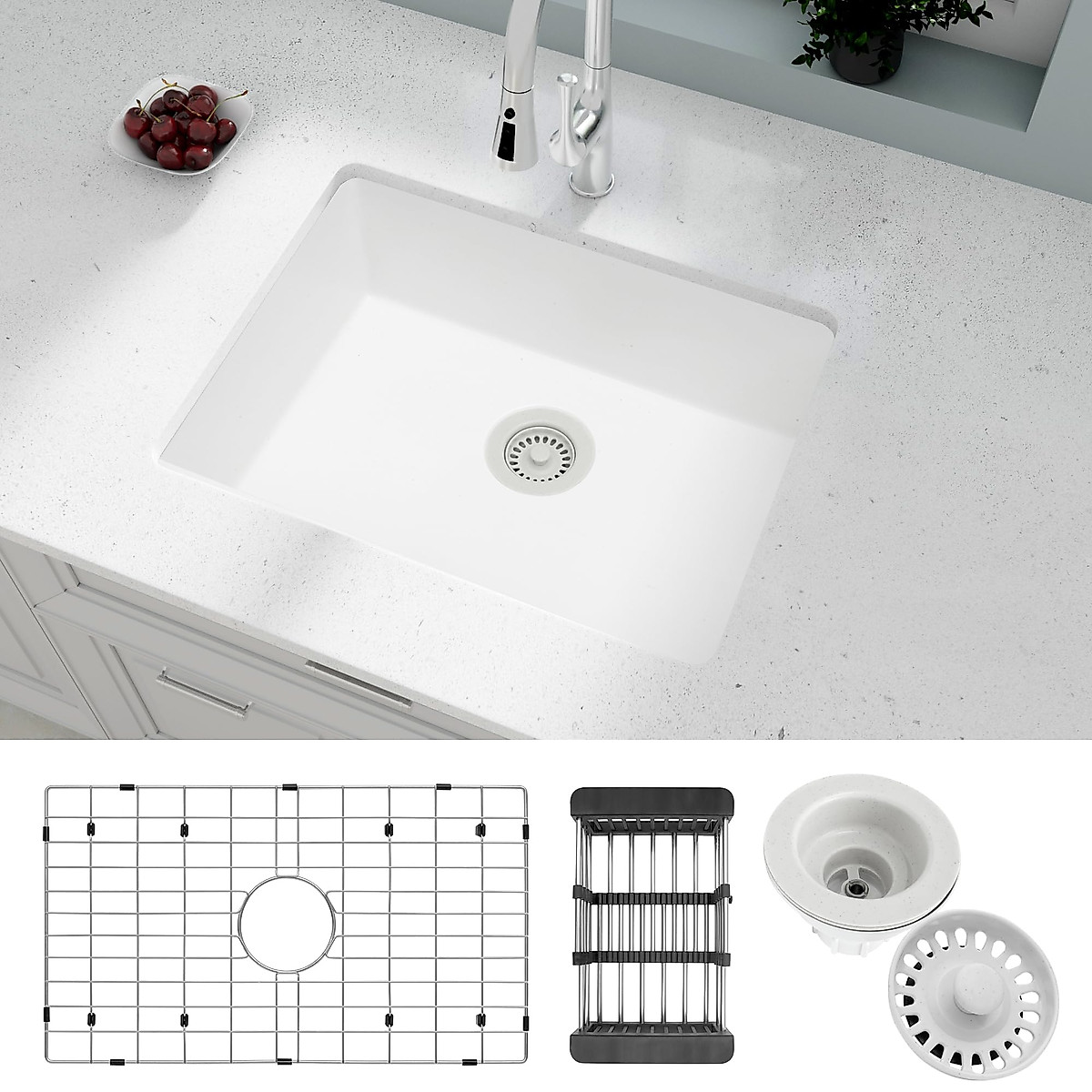 MONSINTA Bar Sink, Undermount Kitchen Sink, 23 Inch White Bar Sink, Bar Sink Undermount With Accessories, Granite Kitchen Sink, White Sink Kitchen